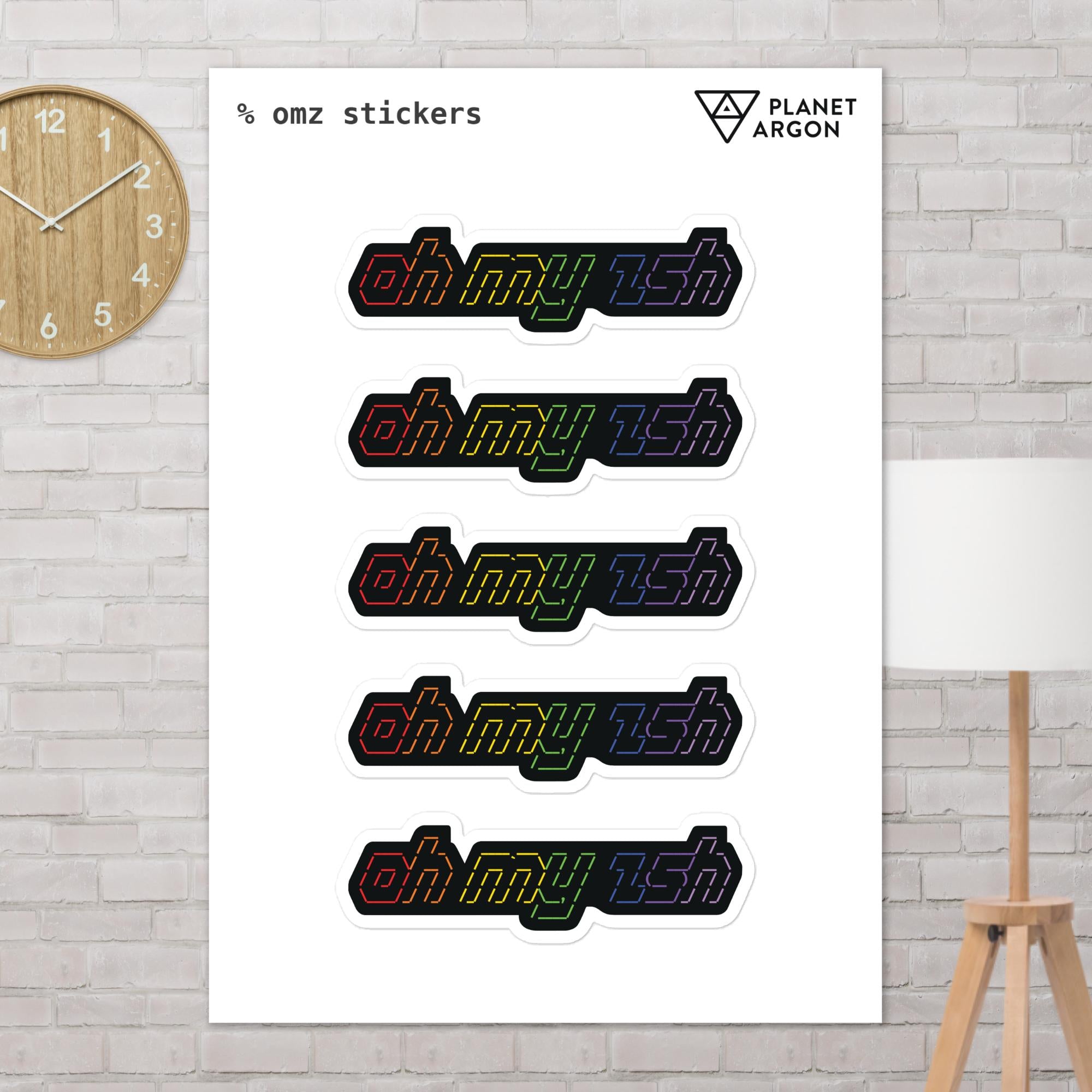 @OHMYZSH ASCII art sticker sheet (rainbow on black) – Commit Goods